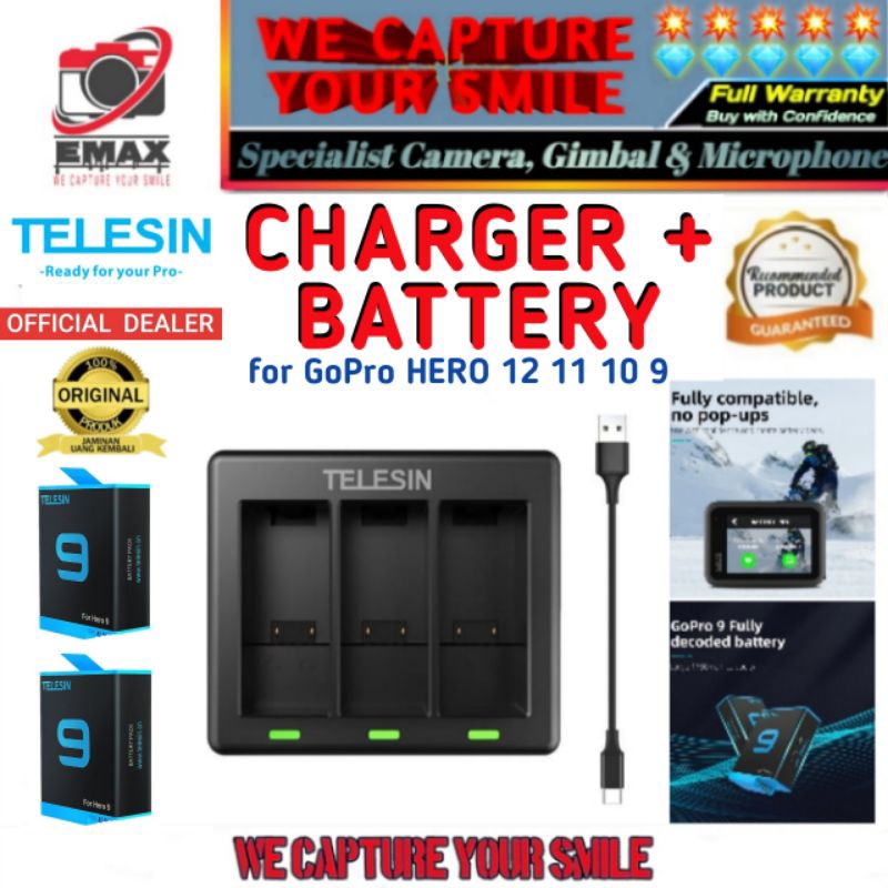Jual TELESIN 3 Slot Charger USB-C Fast Charging + 2 Battery Rechargeable for GoPro 12 11 10 9 ...
