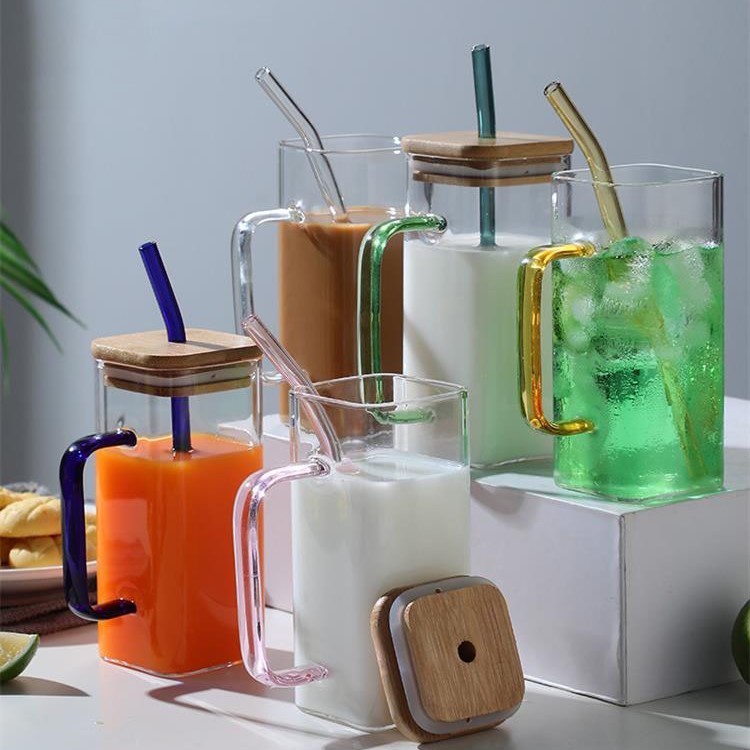 Jual Gelas Kaca Kotak Aesthetic Tutup Kayu 350ml dengan Sedotan | Shopee Indonesia