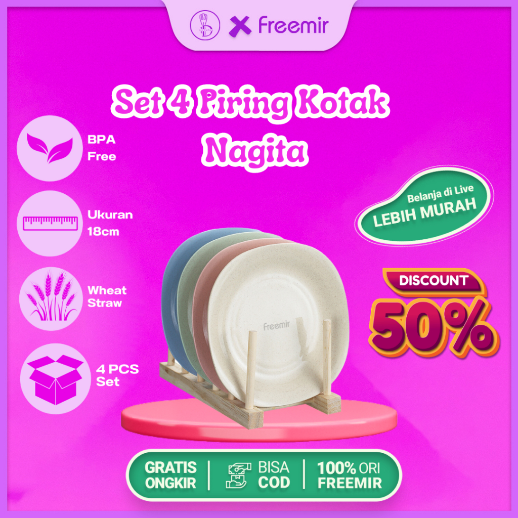 Jual Set 4 Piring Kotak Nagita Freemir 18 cm - Piring Makan Wheat Straw ...