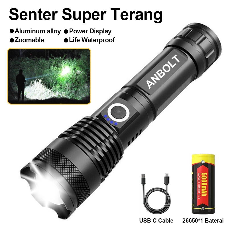 Jual Anbolt Senter LED Super Terang 90000 lumens Zoom Anti Air Flashlight with 26650 USB C ...