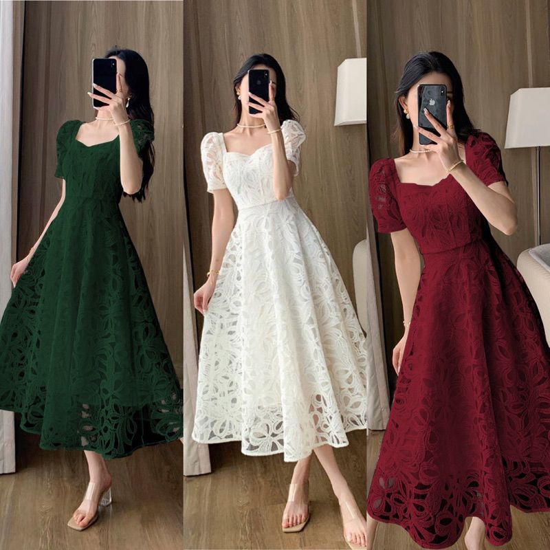 Jual D1441 ZELENE KOREAN STYLE CROCHET BROCADE VINTAGE MIDI DRESS NATAL ...