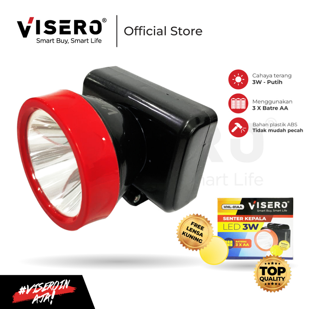 Jual Senter Kepala Baterai AA LED Visero 3W (VHL-01AA) | Shopee Indonesia