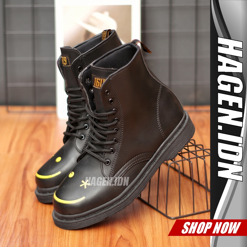 Jual HGN Berly Black Sepatu Boots Pria Tinggi Docmart Smiley Formal ...