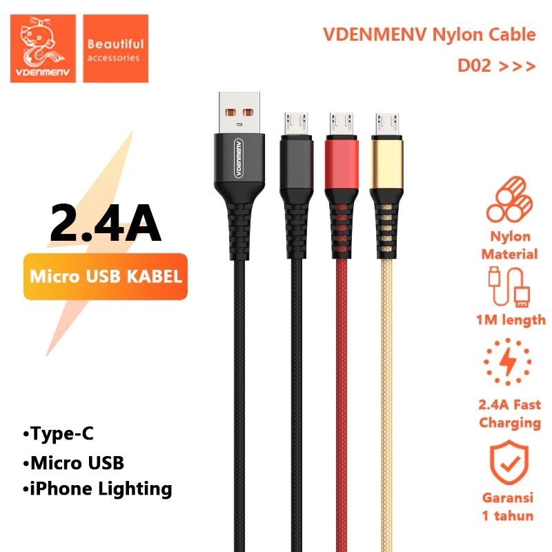 Jual VDENMENV KABEL DATA USB FAST CHARGING NILON FOR MICRO USB / TYPE-C / LIGHTNING HIGH QUALITY ...
