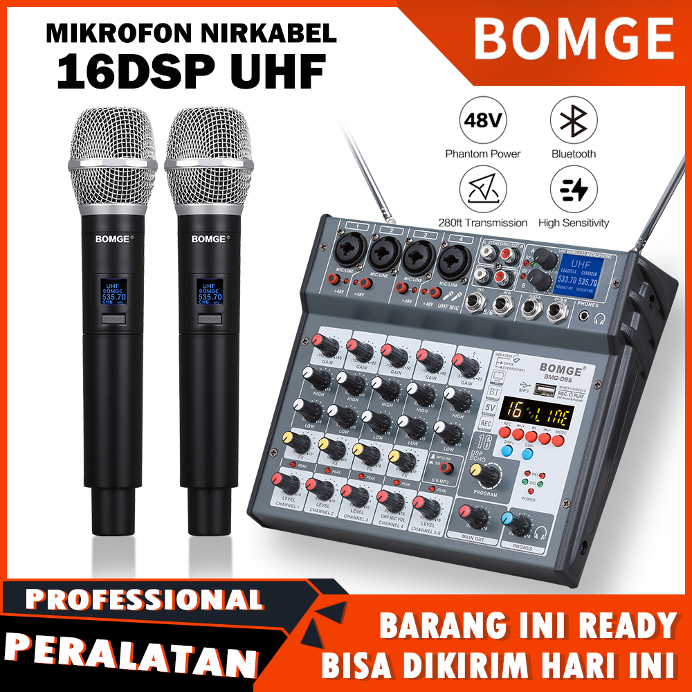 Jual BOMGE 6 channel Audio DJ Console Mixer Soundcard dengan 2 UHF Wireless Mikrofon h,MP3 ,USB ...
