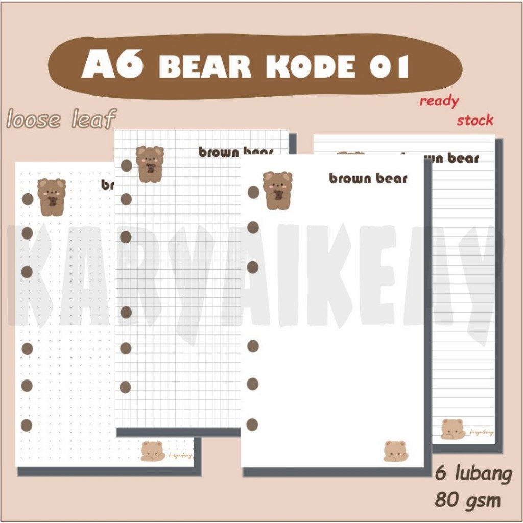 Jual Kertas loose leaf 6 Ring binder paper A6 BEAR AESTHETIC/ Isi ulang kertas binder unik lucu ...