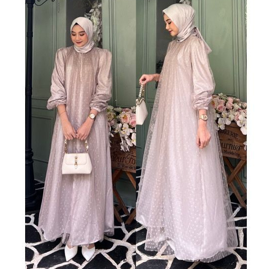 Jual AZIE DRESS SATIN MIX TULLE POLKADOT DRESS BUSUI FRIENDLY BAJU ...