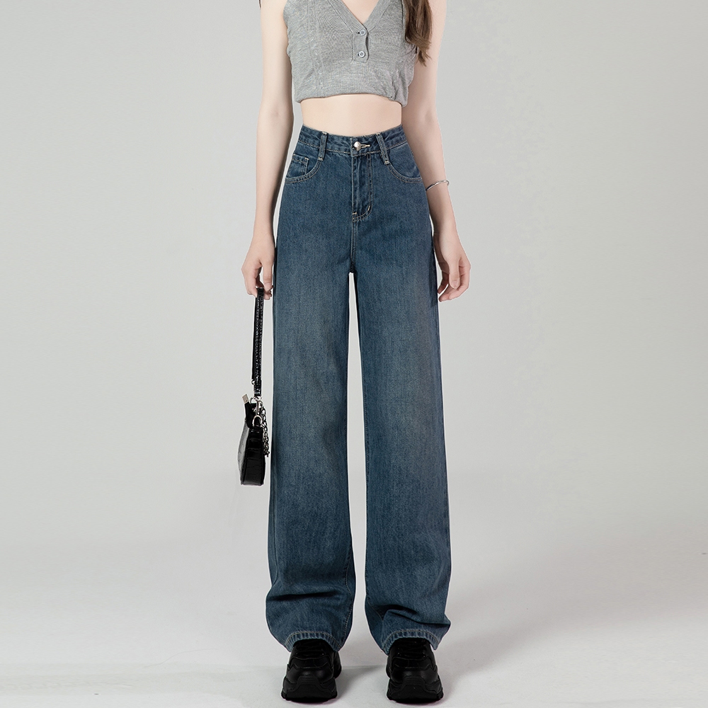 Jual Biru retro Highwaist Celana Jeans Wanita Loose Kekinian | Shopee Indonesia