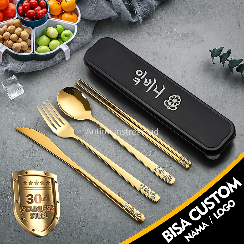 Jual [BISA CUSTOM] Set Alat Makan Korea Sendok Garpu Sumpit Pisau SUS ...