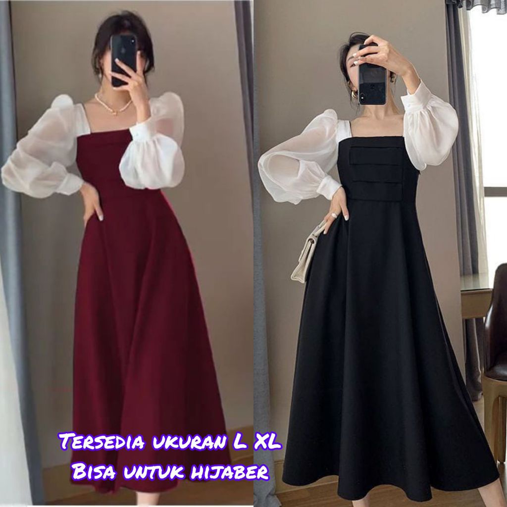 Jual Dress Korea Style Baru Gaya Korea Leher Persegi Jahitan Rok Panjang Pakaian Korea Baju ...