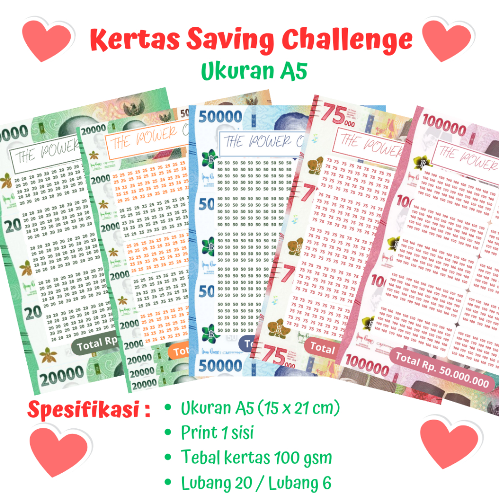 Jual ( Isi 5 ) Kertas Tantangan Menabung Ukuran A5 / Kertas Saving Challenge | Shopee Indonesia