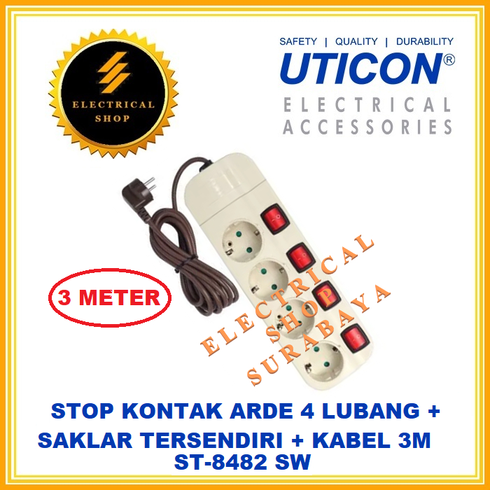 Jual UTICON STOP KONTAK ARDE CP 4 LUBANG ST-8482SW + SAKLAR KABEL 3M ...