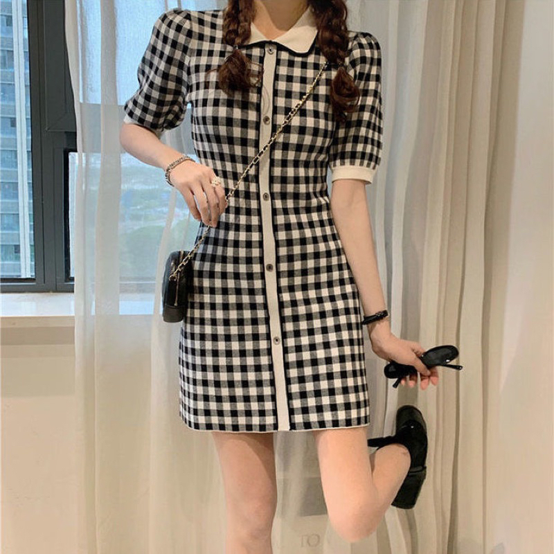 Jual Dress Rajut Wanita Model Kotak Kotak Hitam Putih /Dress korean ...