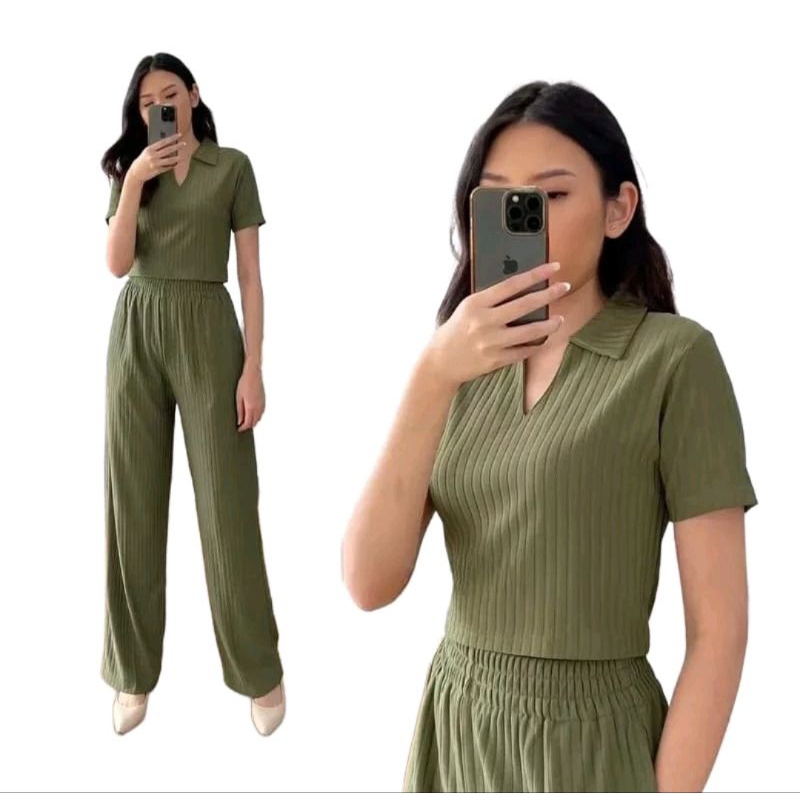 Jual Oneset knit polo Celana panjang wanita set ribb knit Hornets Setelan knit wanita Atasan ...
