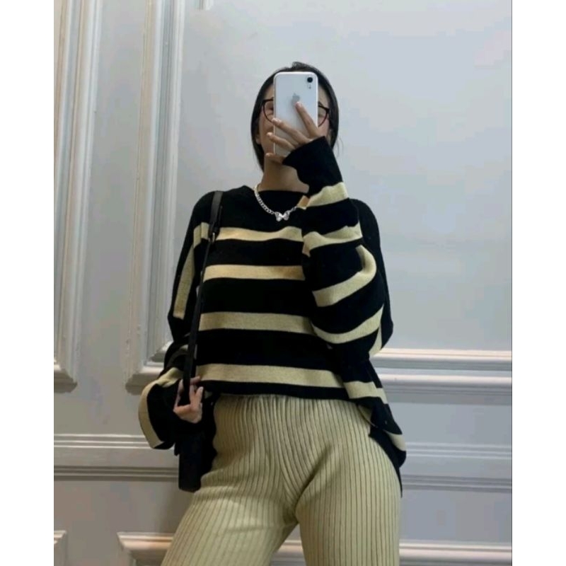 Jual Sweater Rajut Garis Garis Knit Korean Style Atasan Rajut Oversize ...