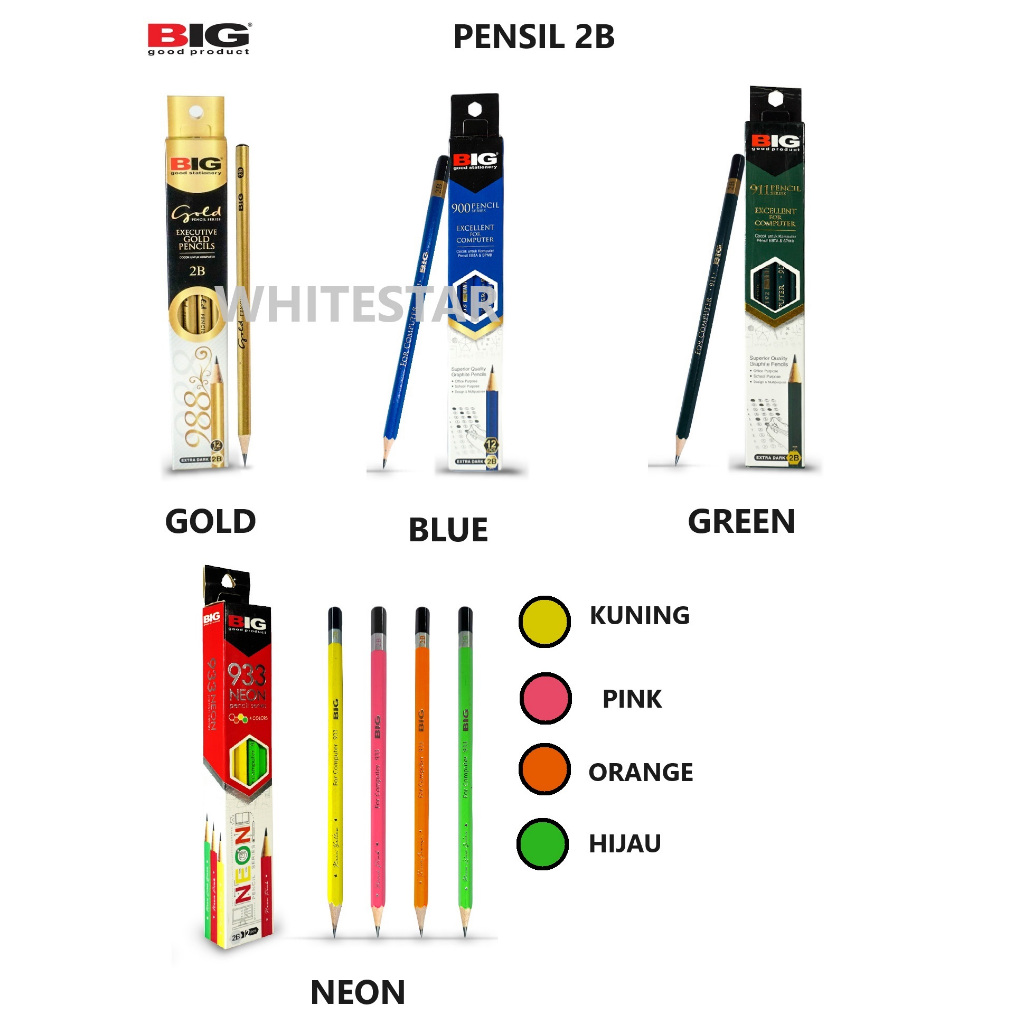 Jual pensil big 2B warna biru , hijau , neon , gold | Shopee Indonesia