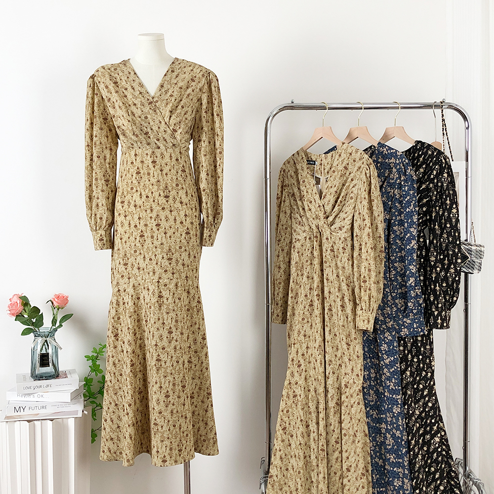 Jual Gaun bunga ramping kerah V modis Korea gaun panjang kasual liburan ...
