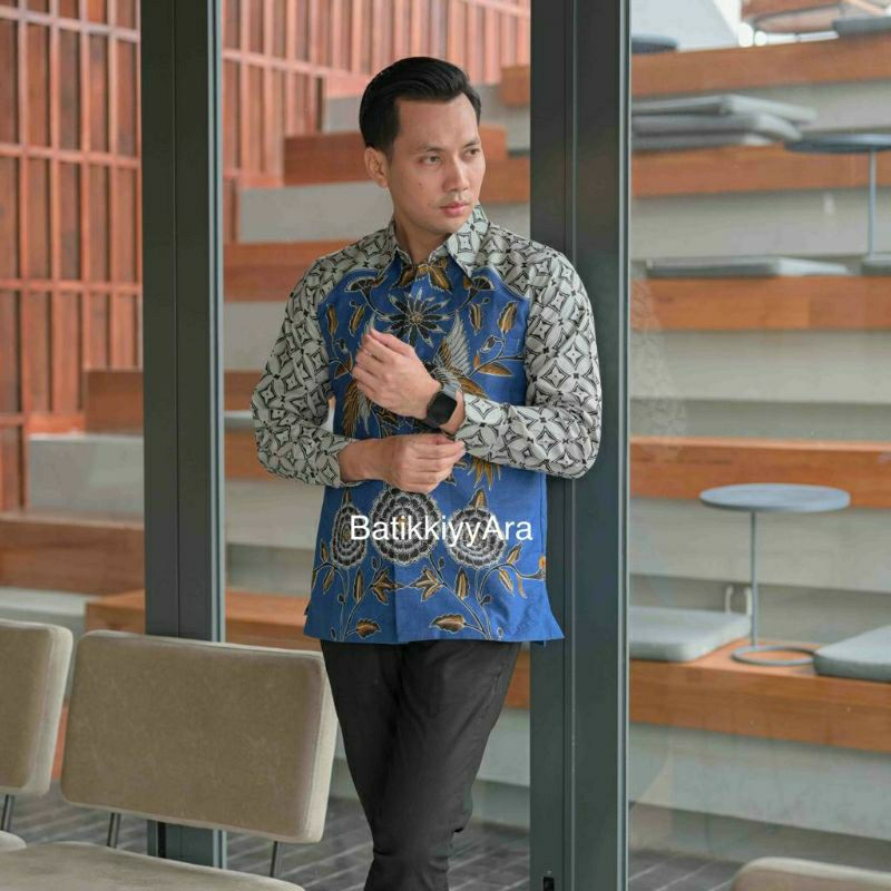 Jual kemeja batik pria lengan panjang Dobi lasem premium kiyyara pesik emas biru | Shopee Indonesia