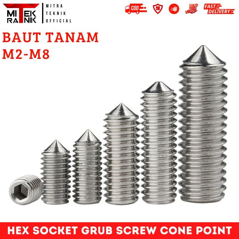 Jual Baut Tanam Ujung Lancip M3 M4 M5 M6 M8 Hex Socket Cone Poin Grub Screw Stainless Steel 304 ...