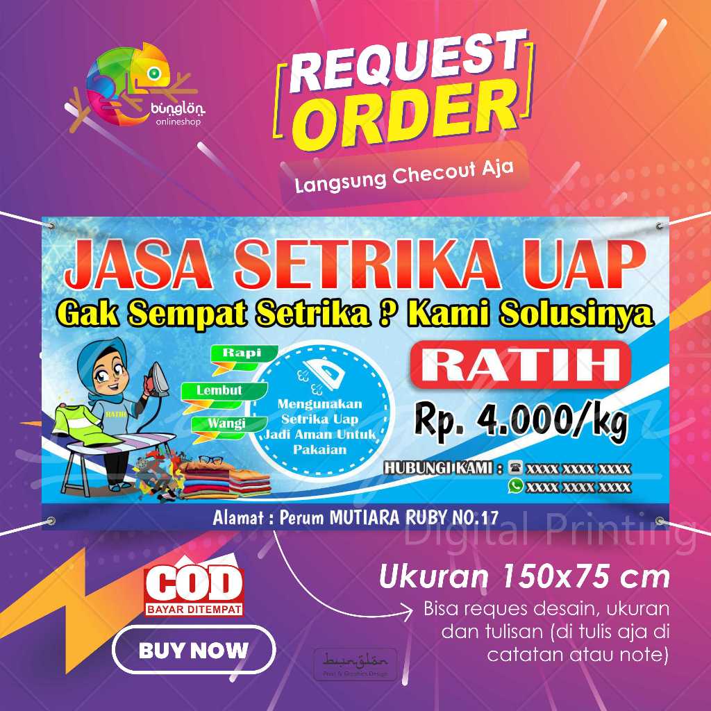 Jual Spanduk Banner 150X75 Jasa Setrika Uap Reques Desain | Shopee ...