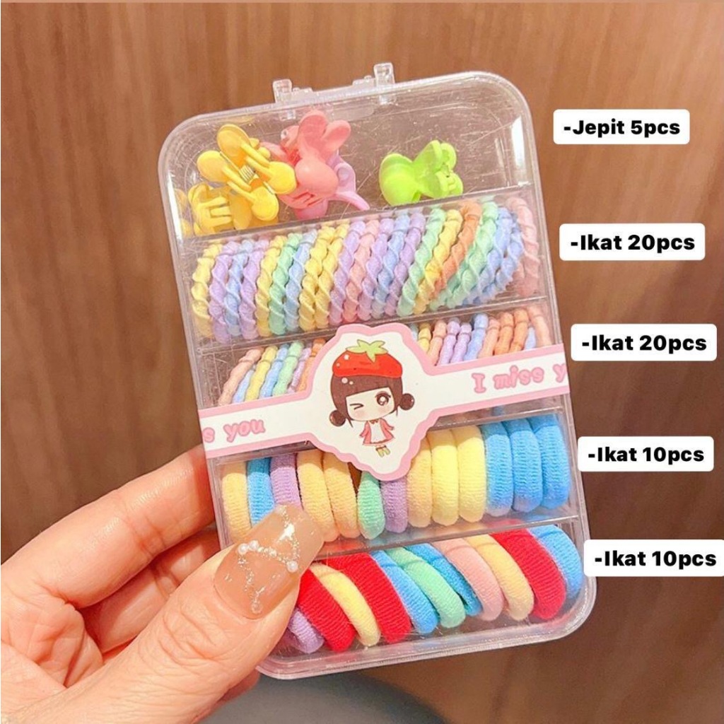 Jual Karet Iketan Rambut Mini Set Box isi 65Pcs lengkap Mix Warna Warni ...