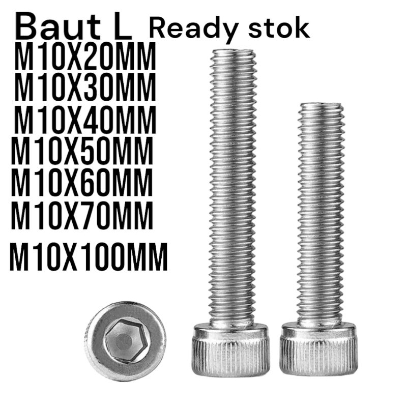 Jual BAUT L M10 STAINLESS HEX SOCKET SCREW ANTI KARAT M10X20 30 40 50 60 70 100M BAUT L ...