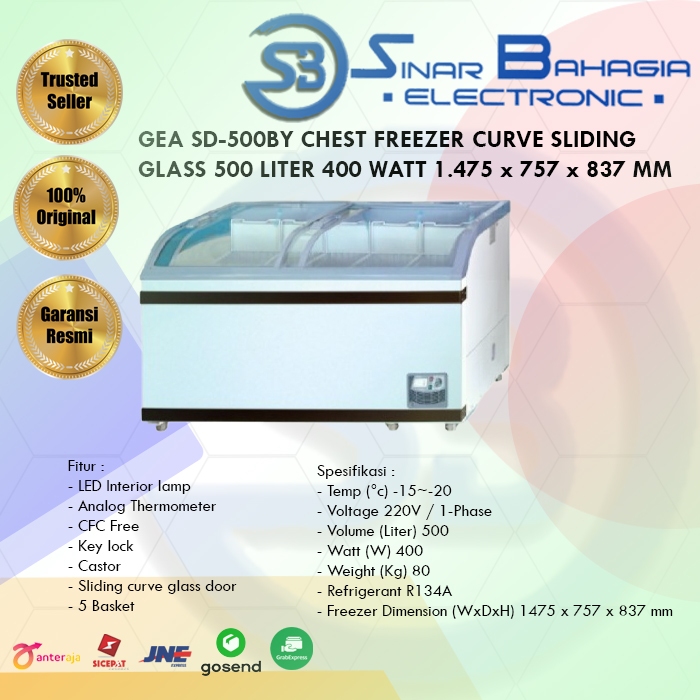 Jual GEA SD-500BY CHEST FREEZER CURVE SLIDING GLASS 500 LITER 400 WATT ...