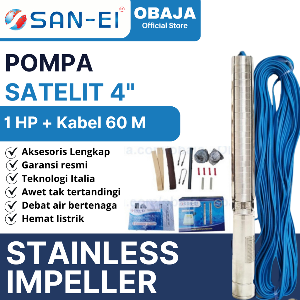 Jual San Ei Pompa Satelit Stainless 4 inch 1 HP + Kabel 60 M/Pompa Submersible Stainless San Ei ...