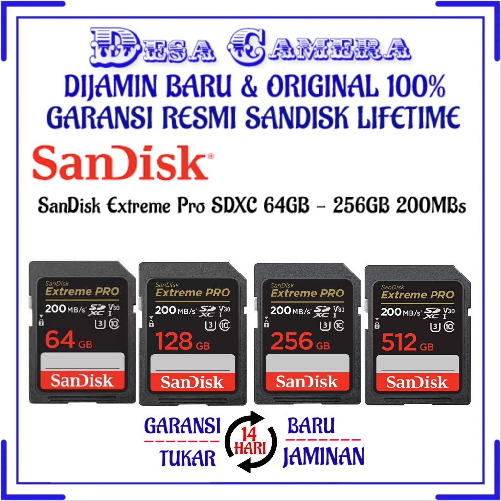 Jual SANDISK EXTREME PRO SDXC SD CARD 64GB - 256GB 200MBS 4K | Shopee ...