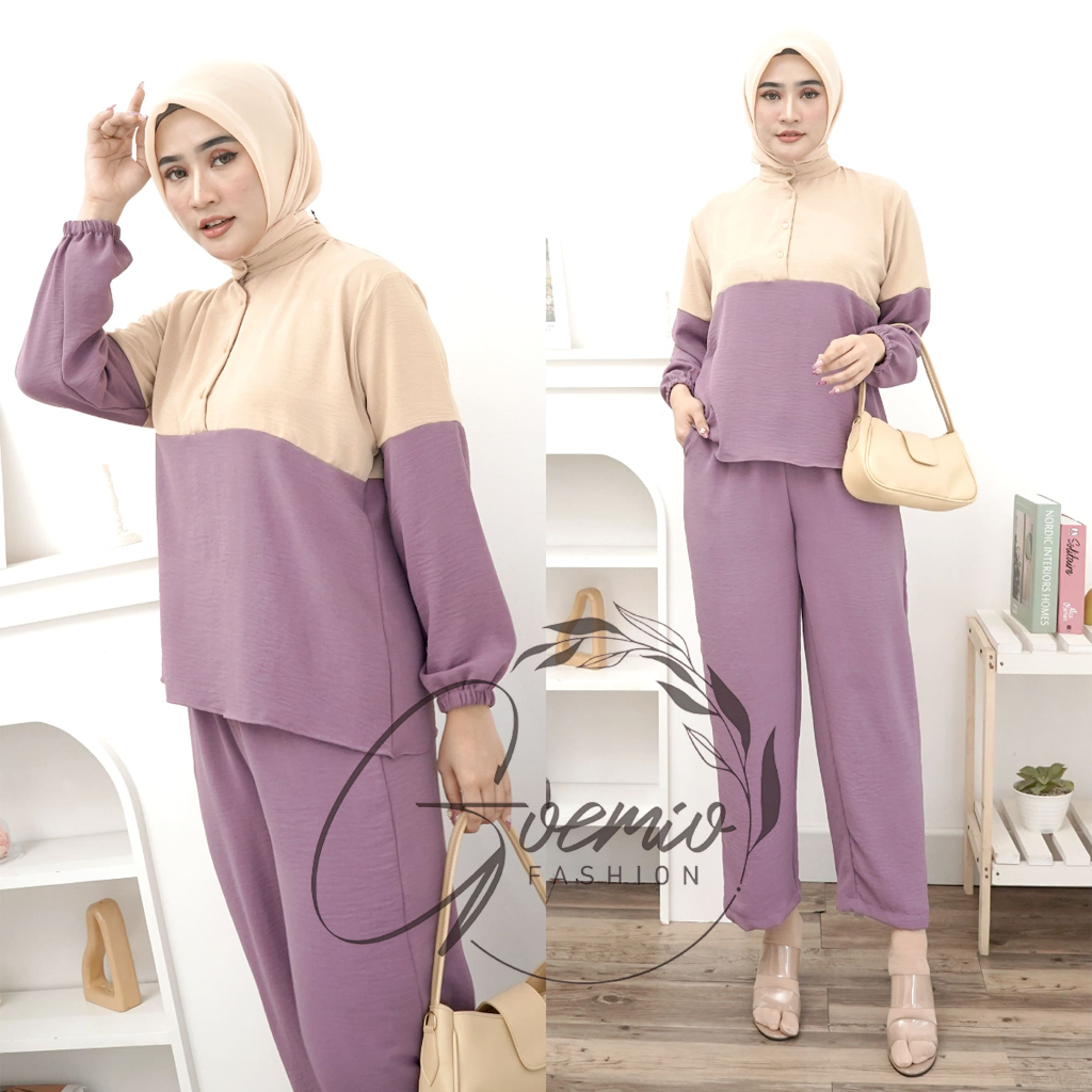 Jual ilook | One Set Lova Setelan Cringkel Combi Atasan Dan Celana Panjang Wanita Polos Lengan ...