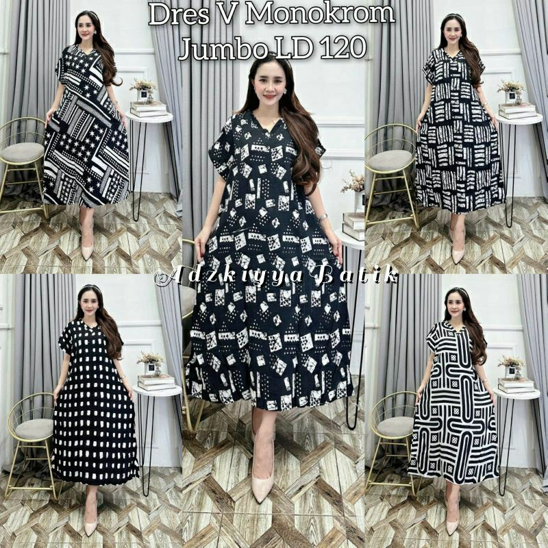 Jual Daster Dress Rayon Monokrom Leher V Jumbo Kekinian Terbaru ...
