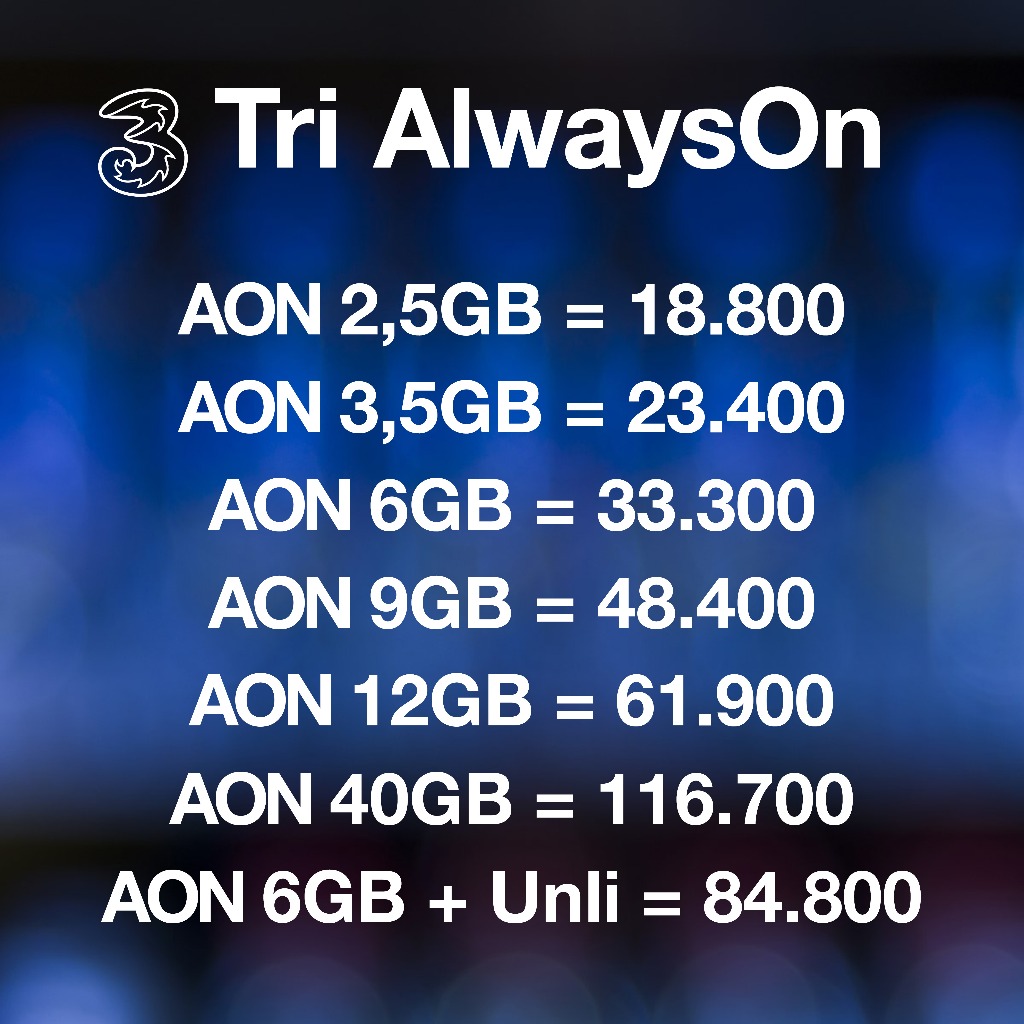 Jual Kuota Tri 3 Three AON 2,5GB 3,5GB 6GB 9GB 12GB 40GB Always On ...