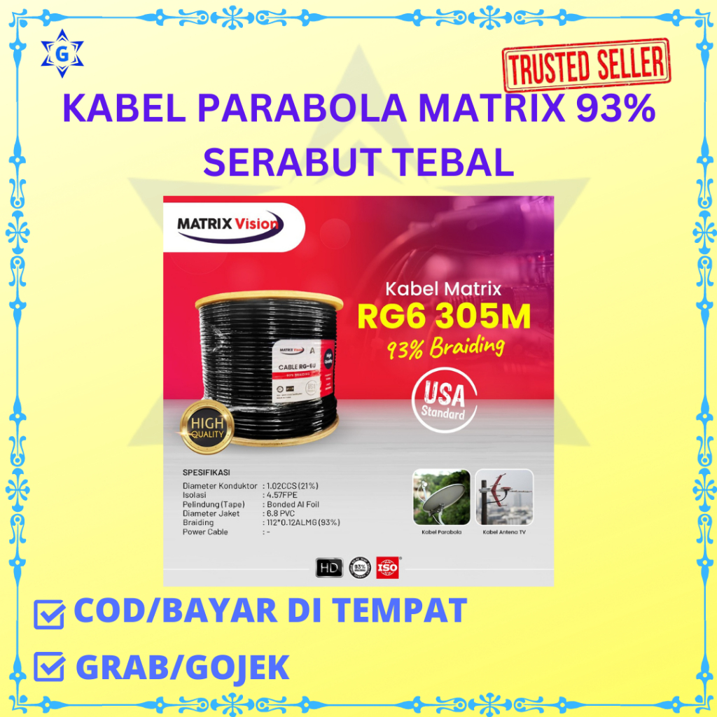 Jual KABEL PARABOLA RG6 PREMIUM MATRIX 93% SERABUT BANYAK PER ROLL (300 ...