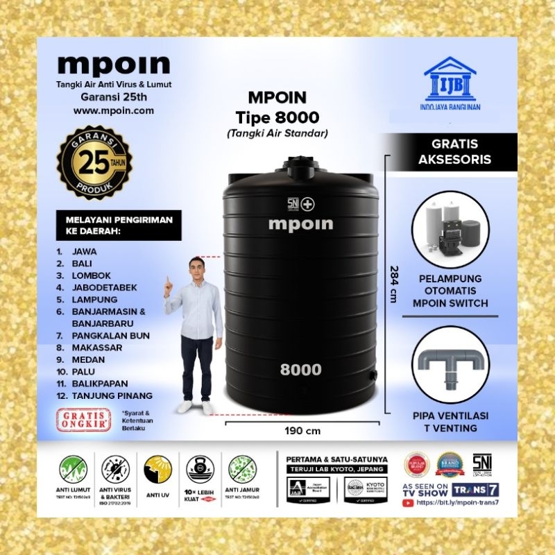 Jual Toren Tandon Air Tangki Air MPOIN Hitam 280 300 375 550 600 800 ...