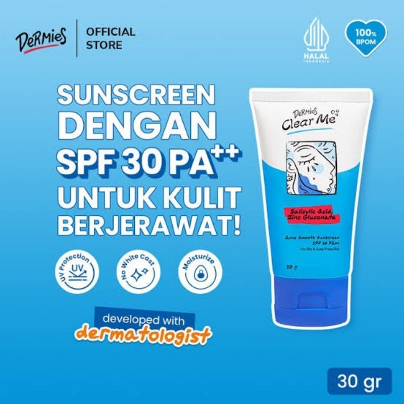 Jual Dermies Clear Me Acne Smooth Sunscreen 30g SPF 30 PA++ Daily Sun Protector 30 gram | Shopee ...