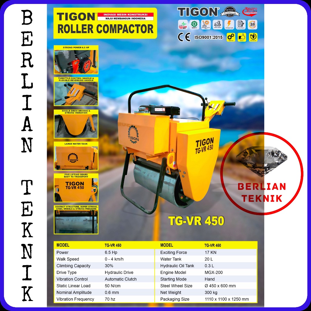 Jual Roller Compactor TIGON TG-VR 450 + Mesin Bensin 7 HP (Single ...