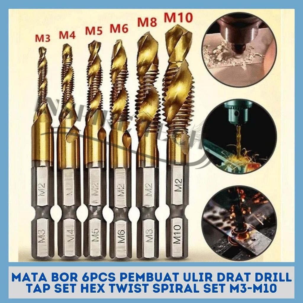 Jual Mata Bor 6PCS Pembuat Ulir Drat Drill Tap Set Hex Twist Spiral Set ...