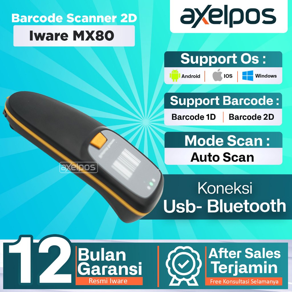 Jual Axelpos Barcode Scanner Portabel 2D Wireless bluetooth Iware MX80 ...