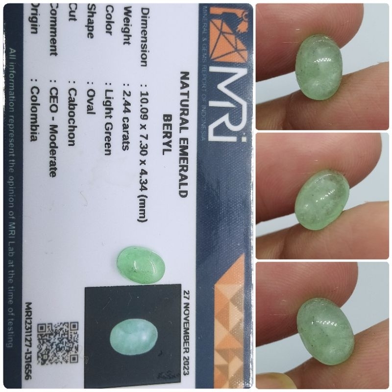 Jual Natural Emerald beryl Columbia 2,4 ct certified/memo MRI zamrud ...