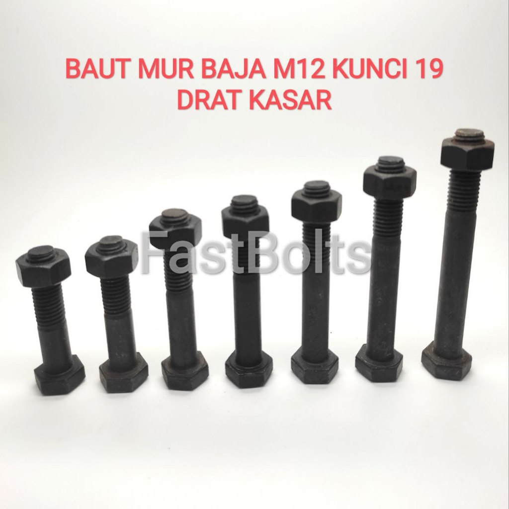 Jual BAUT DAN MUR Baja 19 M12 DRAT KASAR PANJANG 5,5-10CM | Shopee Indonesia