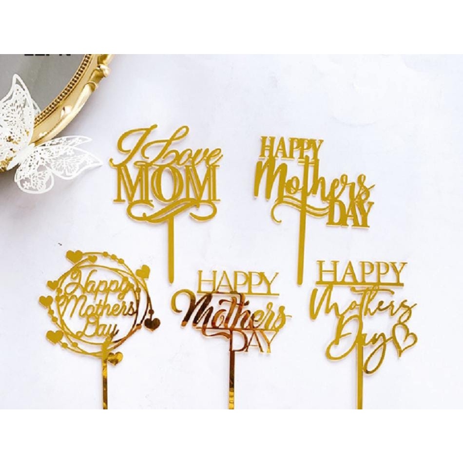 Jual (10Pcs) Topper Cake Acrylic Happy Mother Day Gold / Tusukan ...
