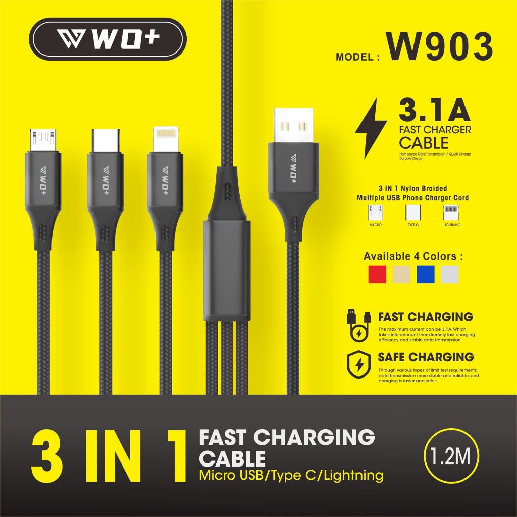 Jual Kabel Data Fast Charging WO+ W906 3in1 Micro Type C Lightning 3.1Ampere Data Cable Charger ...