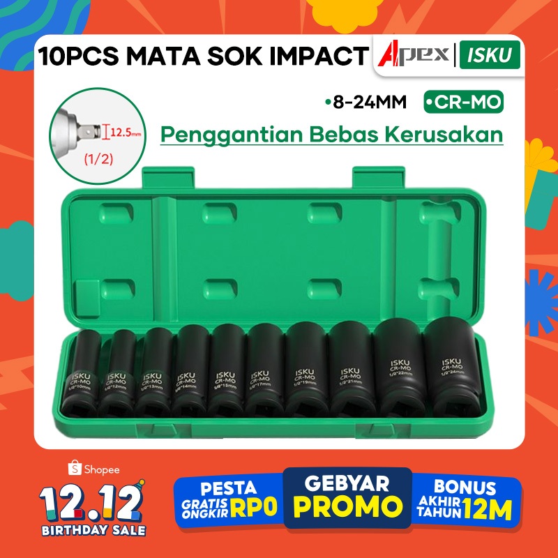 Jual ISKU mata sok impact full set 10pcs 1/2 inch/mata kunci shock impact Panjang cr-mo 8 10 12 ...