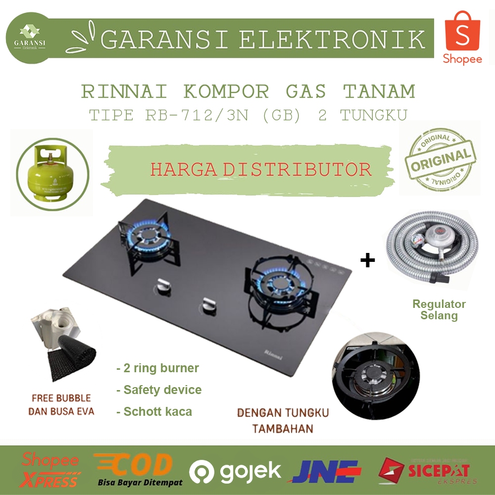 Jual RINNAI KOMPOR TANAM GAS KACA RB-712N (GB) 2 TUNGKU FULL HITAM ...
