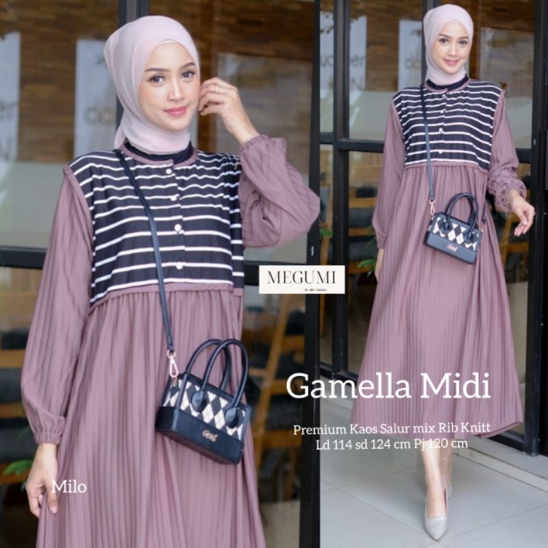 Jual Gamella Midi Dress Premium Bahan Kaos Salur Mix Rib Knit Ld 114-124 OriMegumi | Shopee ...
