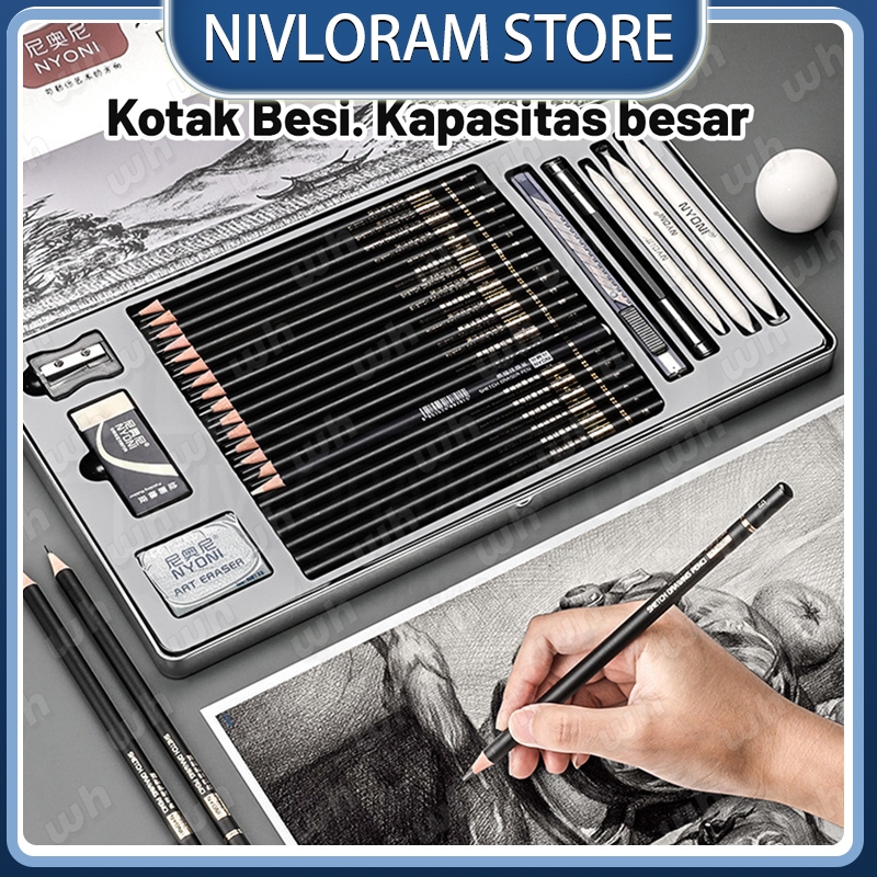 Jual NYONI Sketch drawing pencil / pensil grafit charcoal arang 29 pcs ...