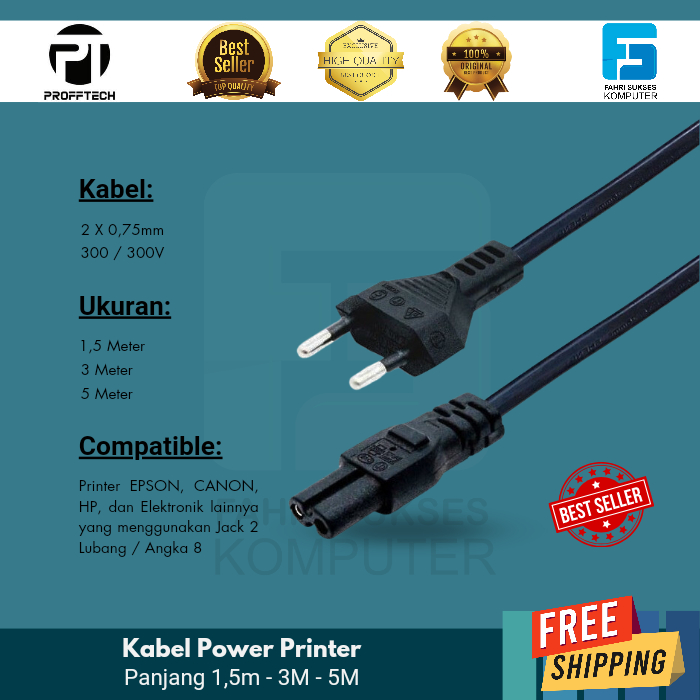 Jual Kabel Power Printer 2 Lubang / Kabel Angka 8 / 1,5 Meter 3 Meter 5 ...