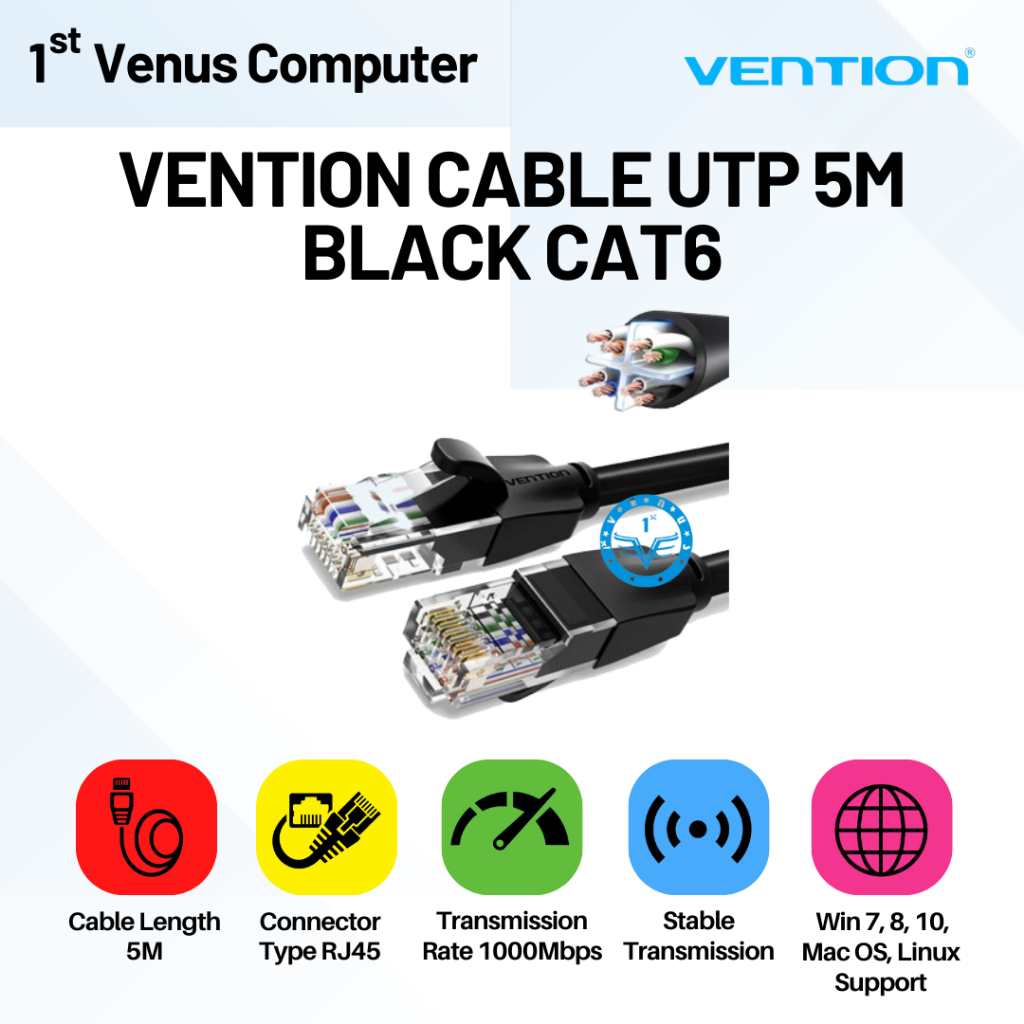 Jual VENTION CABLE UTP 5M BLACK CAT6 / KABEL LAN ETHERNET RJ45 Cat6 UTP ...