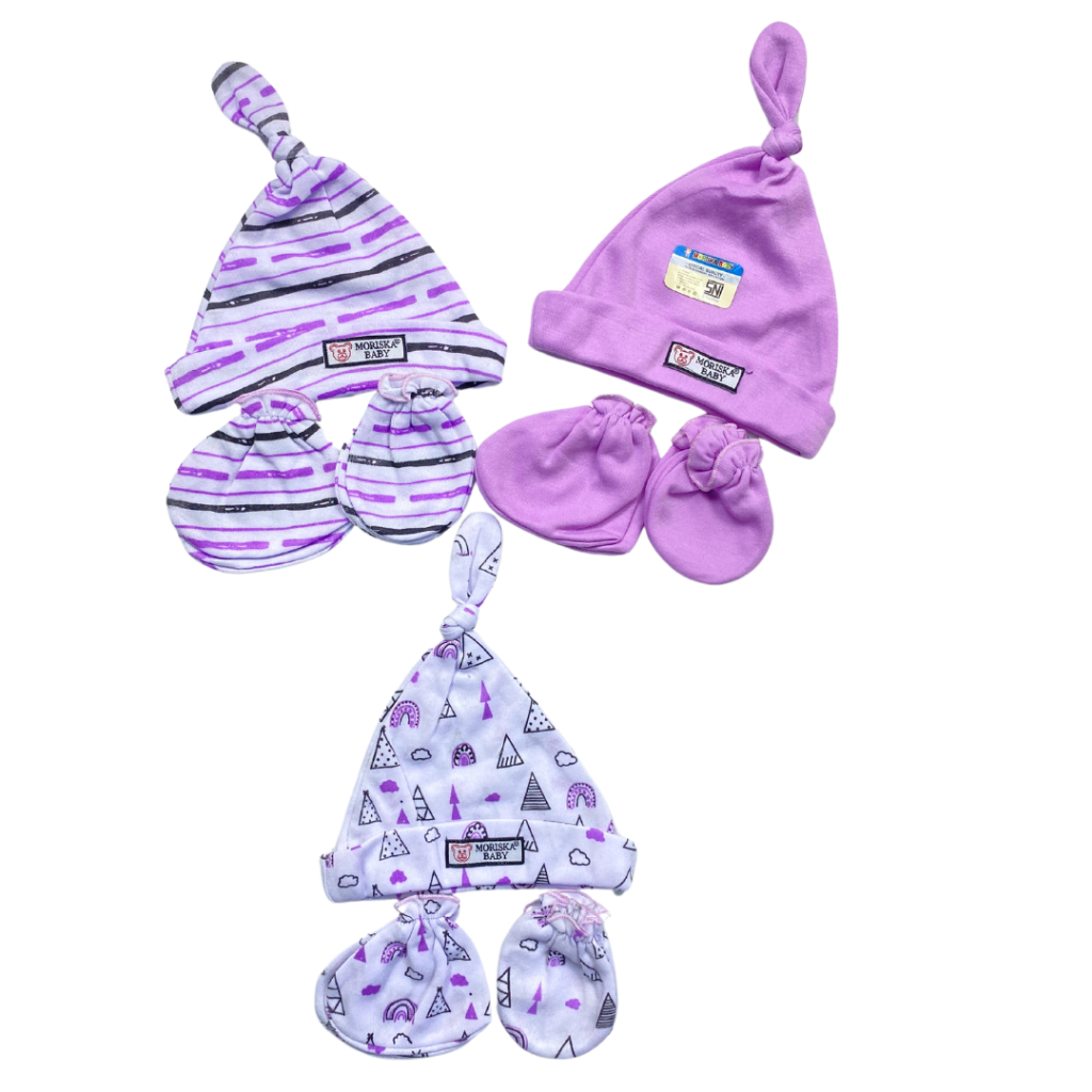 Jual 3 Set Topi dan Sarung Tangan Kaki Bayi Baru Lahir Seri UNGU-ABU ...