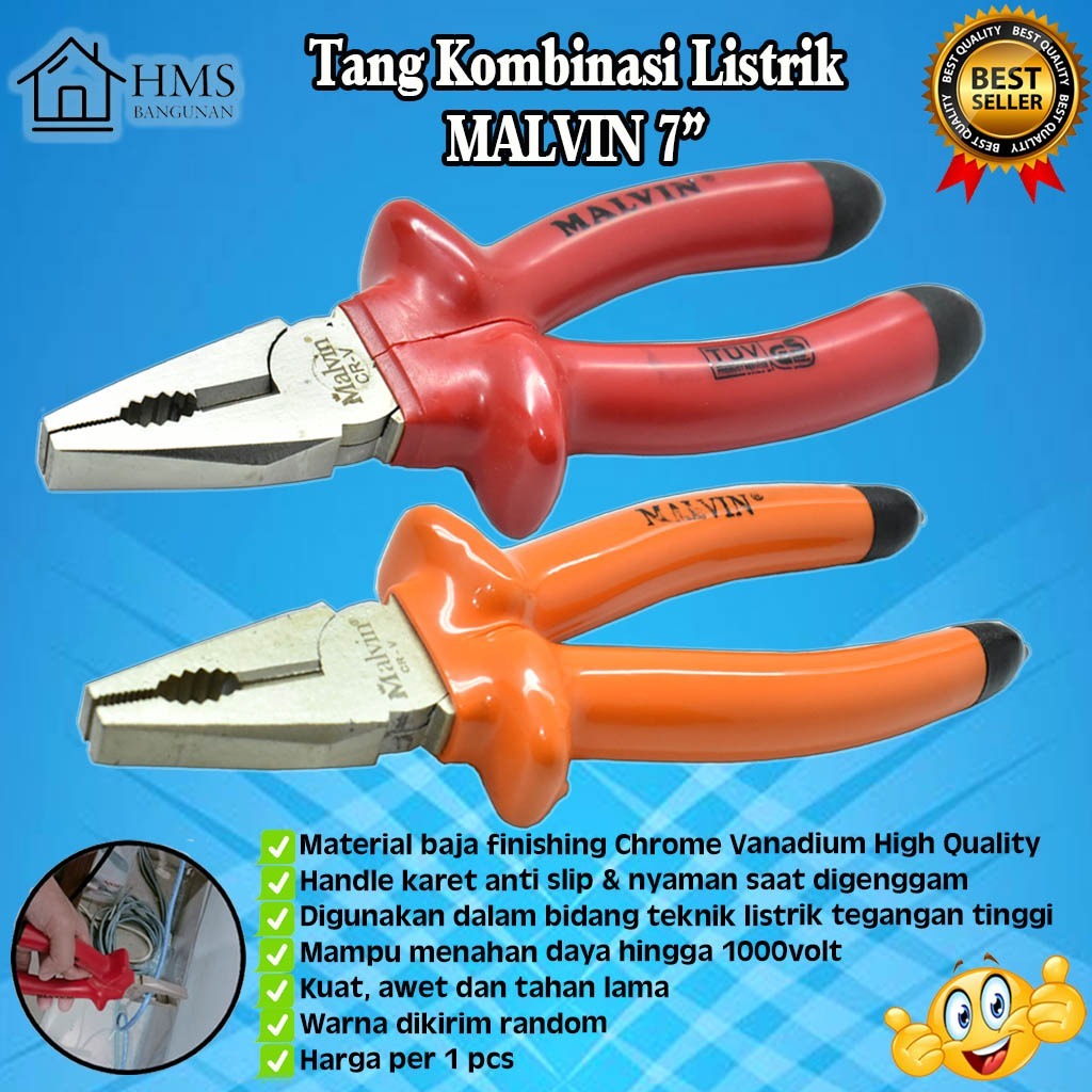 Jual MALVIN Tang Kombinasi Listrik 7 inch Gagang Orange 1000 Volt ...